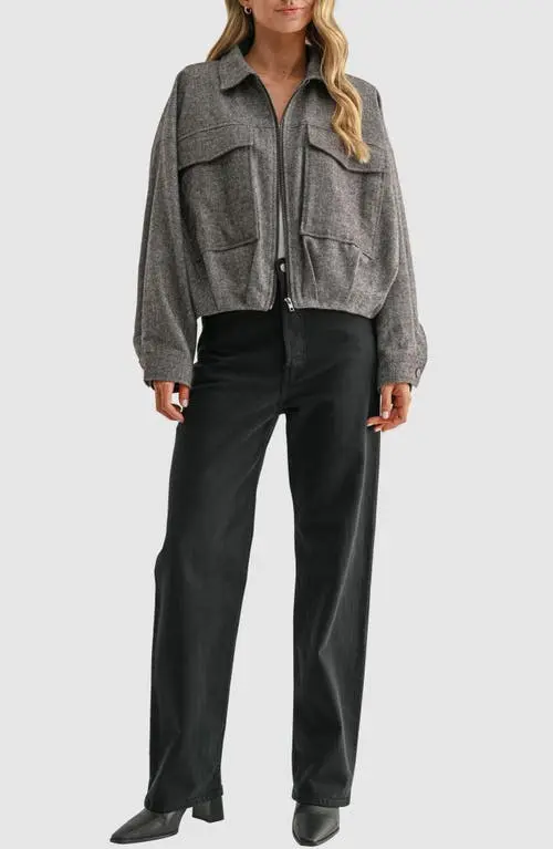 ALL IN FAVOR Herringbone Balloon Sleeve Bomber Jacket