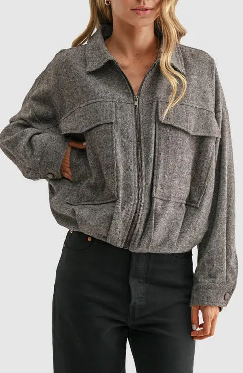ALL IN FAVOR Herringbone Balloon Sleeve Bomber Jacket