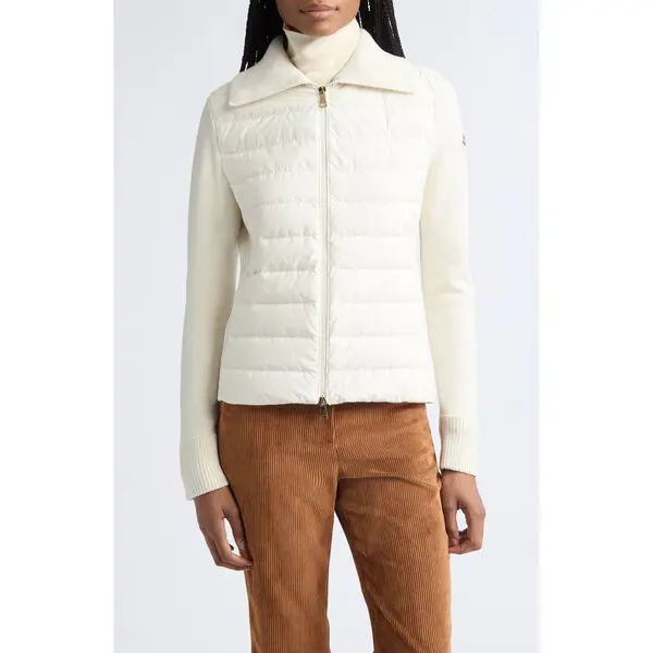 Moncler Mixed Media Quilted Zip Puffer Cardigan - White