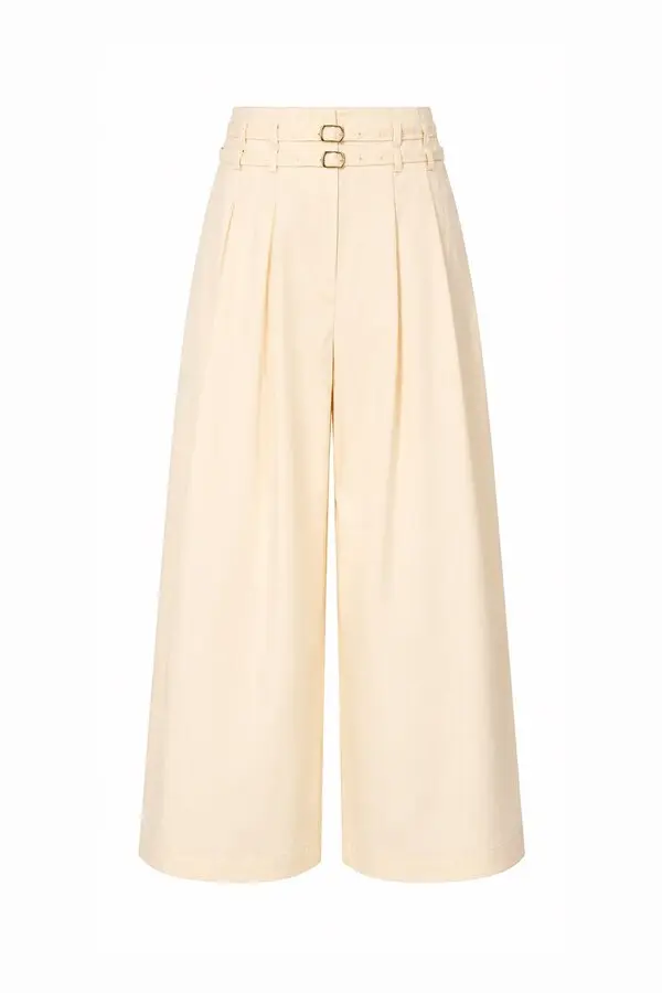 EXQUISE Belted High-waisted Pleated Culotte Pants