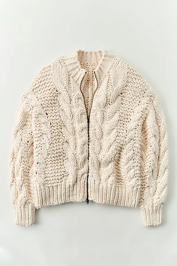 Free People Lola Cable Knit Zip Up Cardigan