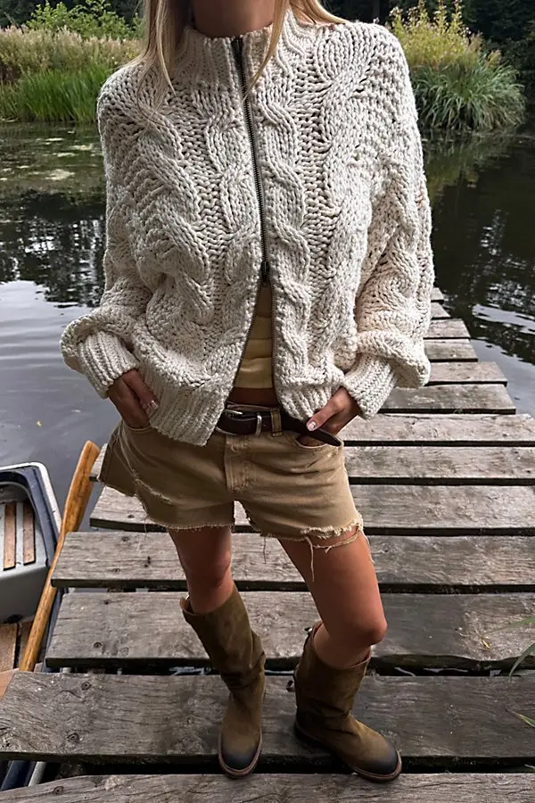 Free People Lola Cable Knit Zip Up Cardigan