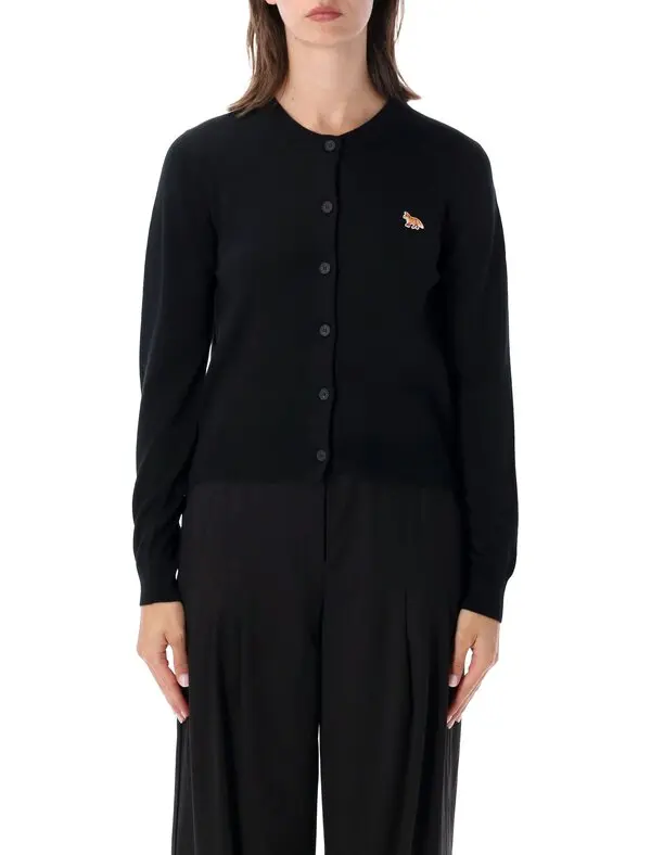 Maison Kitsuné Wool Crew Neck Cardigan With Fox Patch - Nero