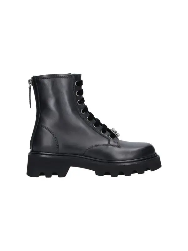 ROGER VIVIER Leather Lace-up Combat Boots With Crystal Embellishment - Black