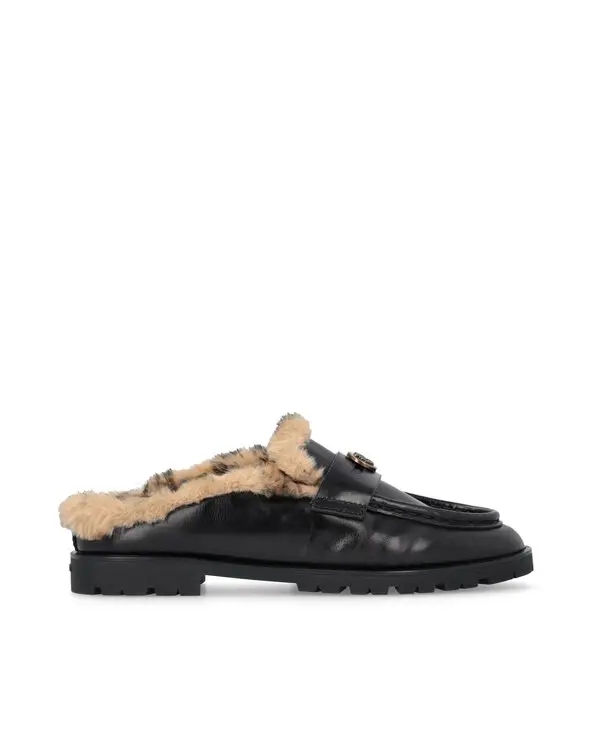 Pinko Backless Leather Mule With Faux Fur Trim