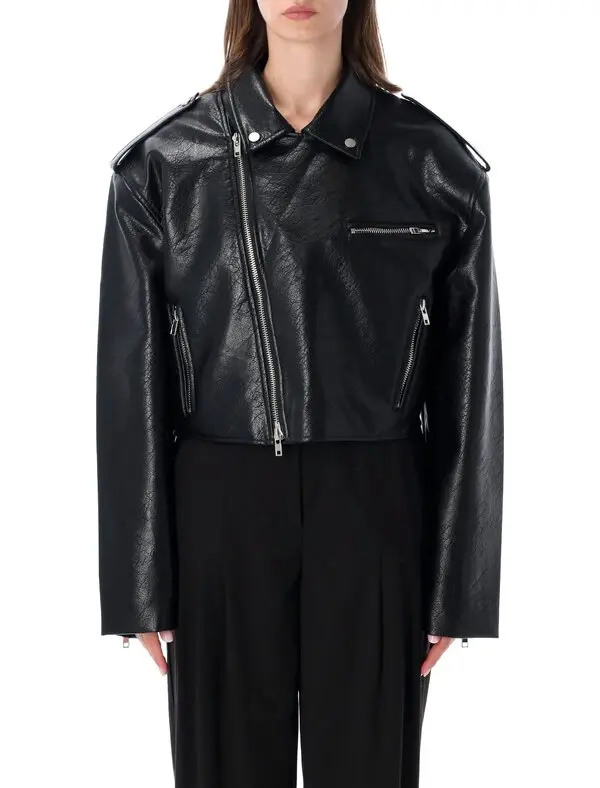 THE FRANKIE SHOP Cropped Faux Leather Biker Jacket - Nero
