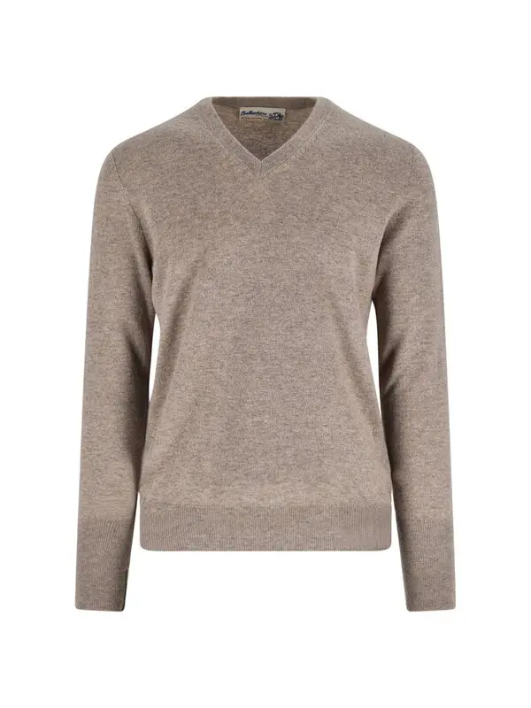 BALLANTYNE V-neck Fine Knit Pullover Sweater - Beige
