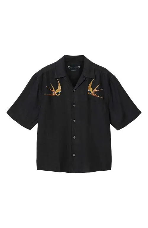 ALLSAINTS Avia Bird Embroidered Linen Camp Shirt - Orca Black