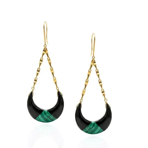 JAREDJAMIN Calypso Gold Onyx & Inlaid Malachite Crescent Dangle Earrings
