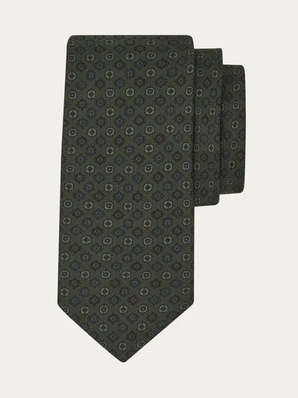 FERRAGAMO Silk Tie With Micro Gancini Print - Green