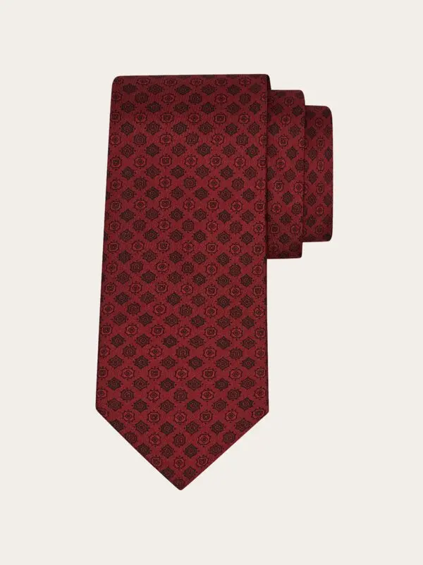 FERRAGAMO Silk Tie With Micro Gancini Print - Red