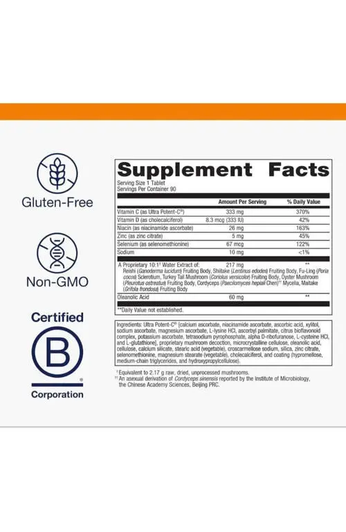 METAGENICS Immucore Immune Support Vitamin C D3 Zinc Selenium Mushroom Extract 90 Tablets
