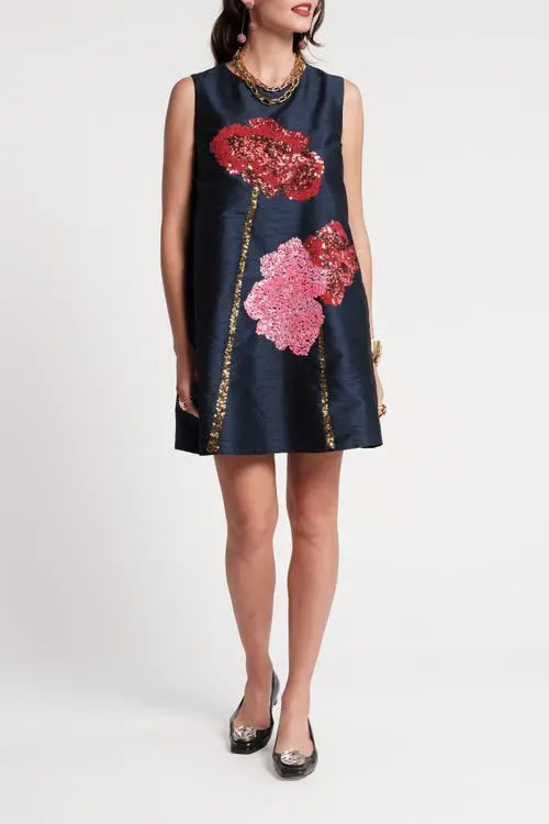 FRANCES VALENTINE Sleeveless Shift Dress With Poppy Appliques - Navy/multi