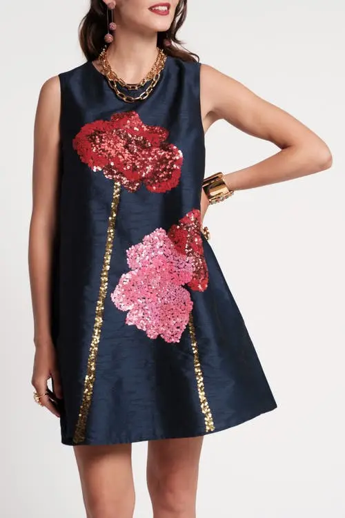 FRANCES VALENTINE Sleeveless Shift Dress With Poppy Appliques - Navy/multi