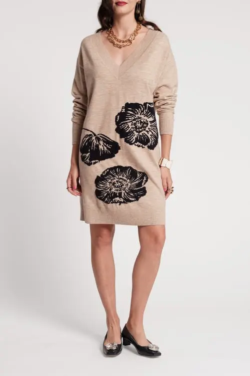 FRANCES VALENTINE Skye V-neck Floral Dress - Camel/navy