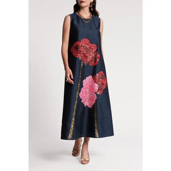 FRANCES VALENTINE Sleeveless Midi Dress - Navy/multi