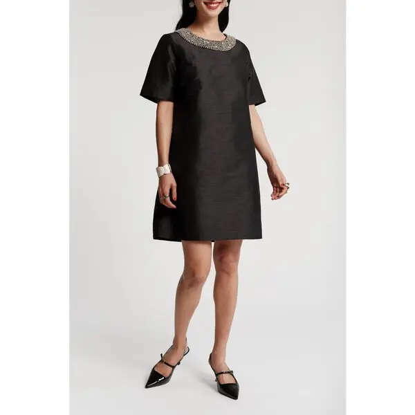 FRANCES VALENTINE Embellished Collar Shift Dress - Black