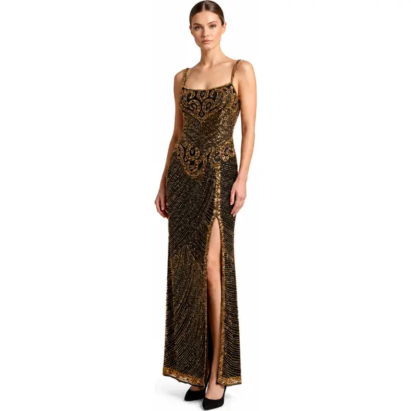 LARA NEW YORK Spaghetti Strap Beaded Gown With Slit - Black