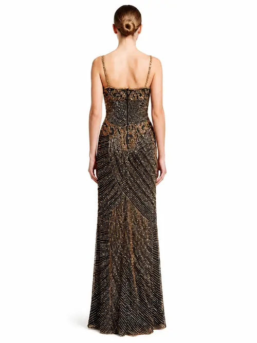 LARA NEW YORK Spaghetti Strap Beaded Gown With Slit