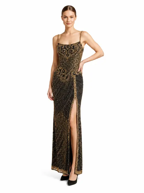 LARA NEW YORK Spaghetti Strap Beaded Gown With Slit