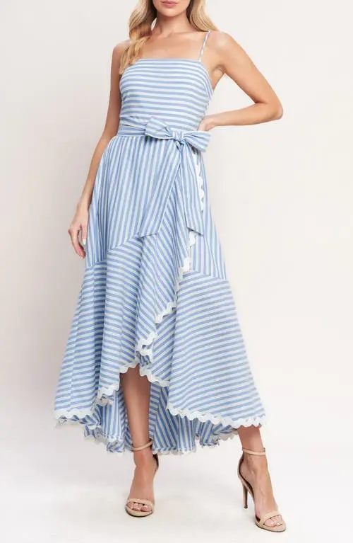 FLYING TOMATO Striped High-low Maxi Dress With Ruffled Skirt And Sash