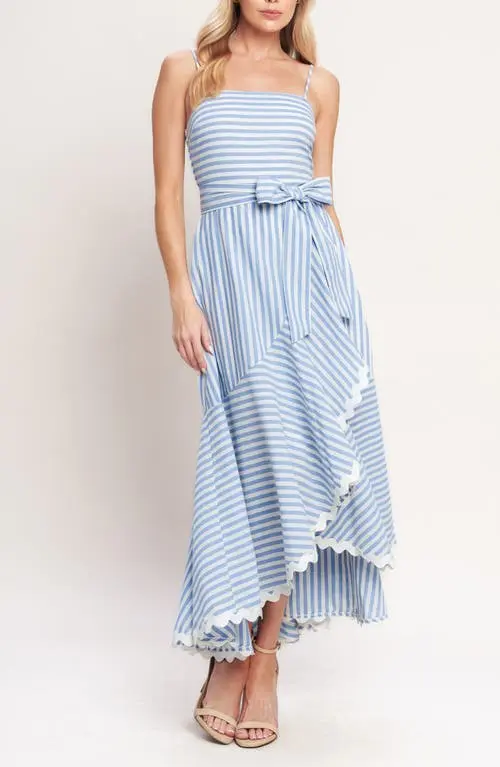 FLYING TOMATO Striped High-low Maxi Dress With Ruffled Skirt And Sash