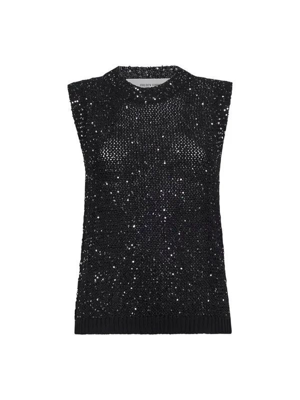 GOLDEN GOOSE Black Sequin Mesh Journey Top