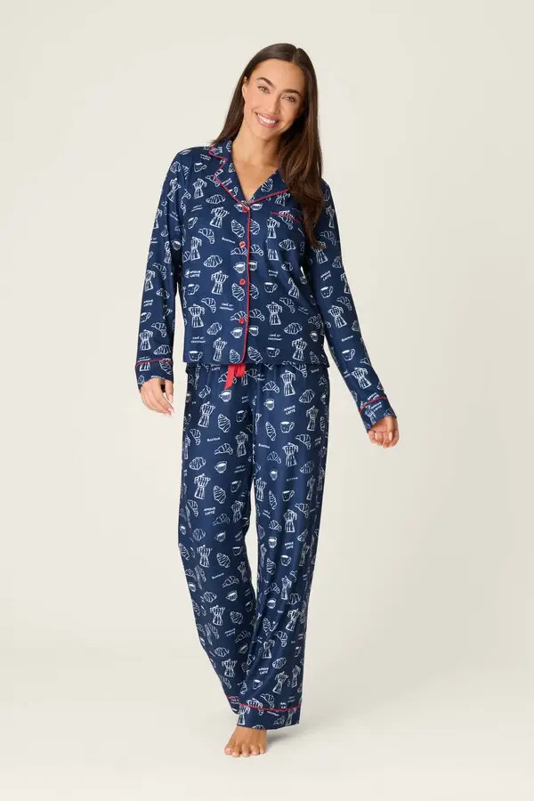 PJ Salvage Bonjour Babe French Breakfast Print Long Sleeve Pajama Set - Deep Navy