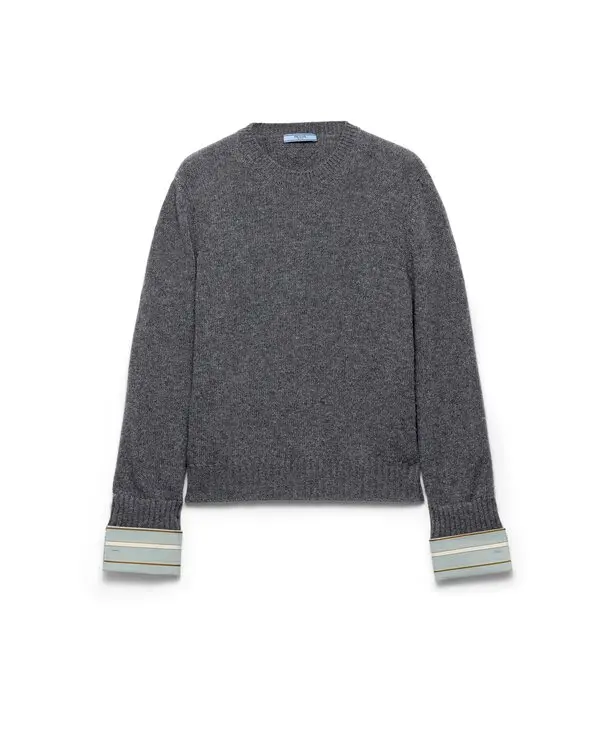 Prada Wool And Cashmere Crew-neck Sweater With Removable Shirt Cuffs - Grey