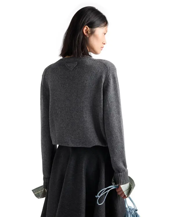 Prada Wool And Cashmere Crew-neck Sweater With Removable Shirt Cuffs - Grey