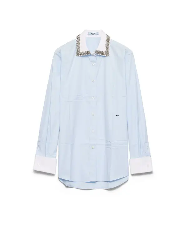 Prada Embroidered Poplin Shirt With Classic Collar And French Cuffs - Light Blue