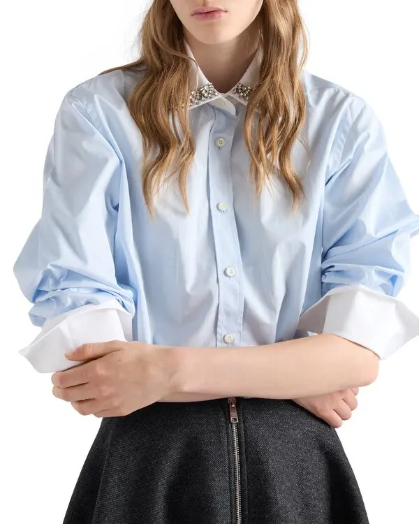Prada Embroidered Poplin Shirt With Classic Collar And French Cuffs