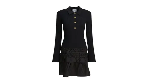 GANNI Ribbed Knit Dress With Ruffled Skirt