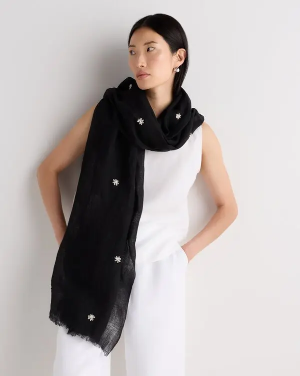 Quince 100% European Linen Embroidered Scarf - Black