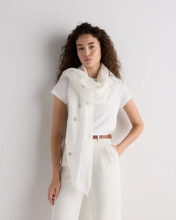 Quince 100% European Linen Embroidered Scarf - Ivory