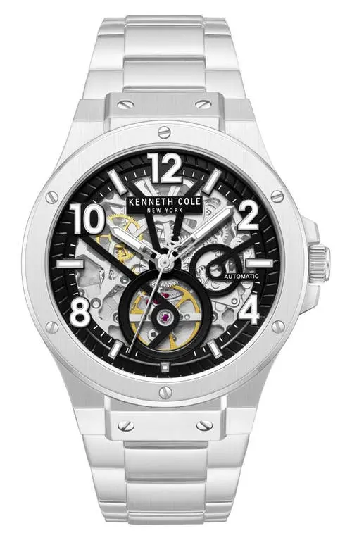 KENNETH COLE Automatic Skeleton Dial Stainless Steel Bracelet Watch - Silver