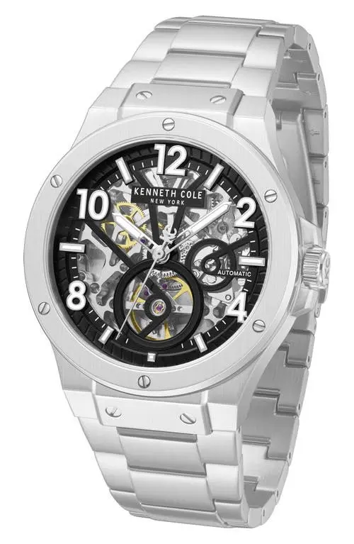 KENNETH COLE Automatic Skeleton Dial Stainless Steel Bracelet Watch - Silver