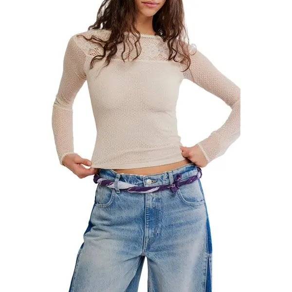 Free People Long Sleeve Lace Panel Mesh Top - Tea