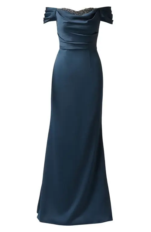 Adrianna Papell Beaded Off-the-shoulder Satin Mermaid Gown