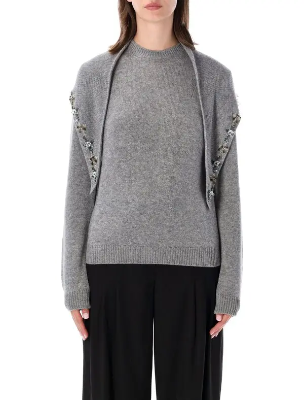 Prada Embellished Cashmere Sweater With Draped Scarf Detail - Grigio