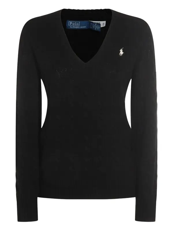 Ralph Lauren V-neck Cable Knit Sweater With Embroidered Logo - Black