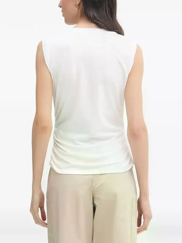 Dkny Sleeveless Crewneck Top With Embroidered Logo And Gathered Detailing