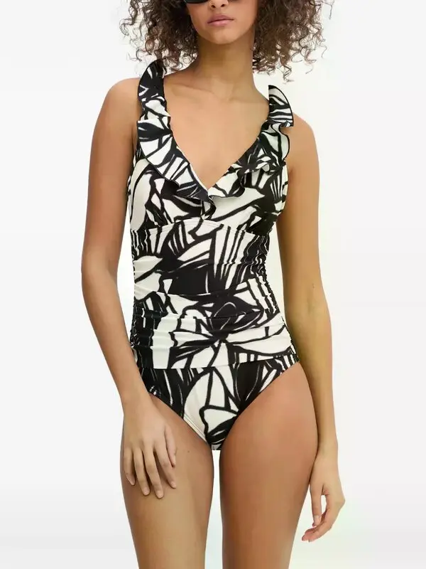 Dkny Abstract-print Ruffled Swimsuit