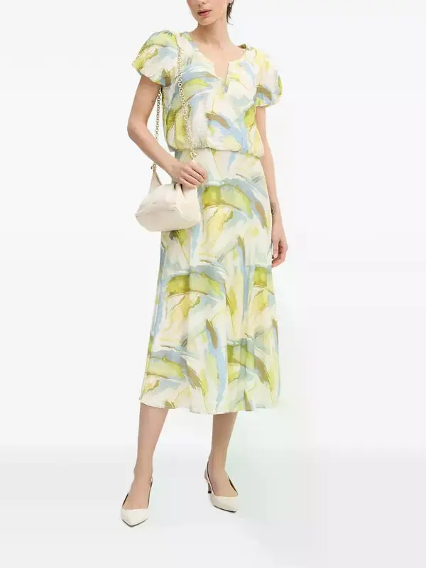 Dkny V-neck Puff-sleeve Abstract Print Seersucker Midi Dress - White