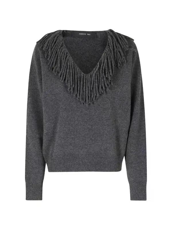 Federica Tosi Fringe-trim V-neck Sweater - Grey