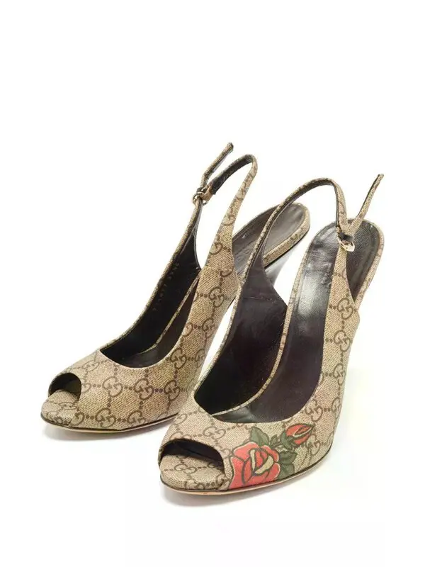 Gucci Gg Supreme Floral Print Peep-toe Slingback Pumps - Neutrals