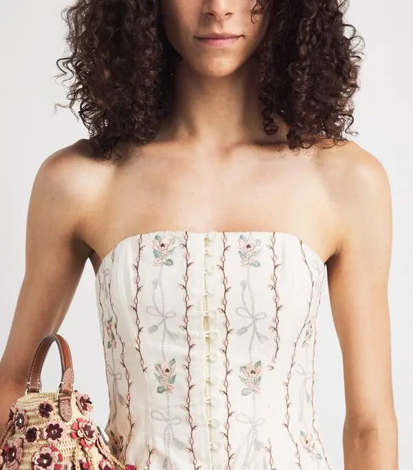 Agua Bendita Strapless Embroidered Linen Corset Top