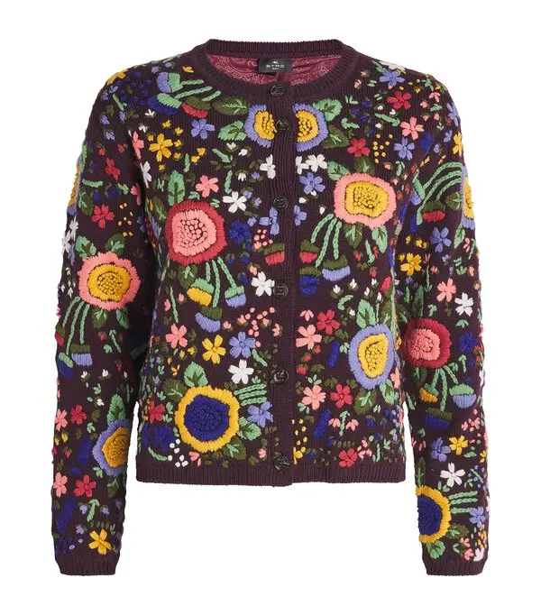Etro Wool Floral Embroidered Cardigan - Burgundy