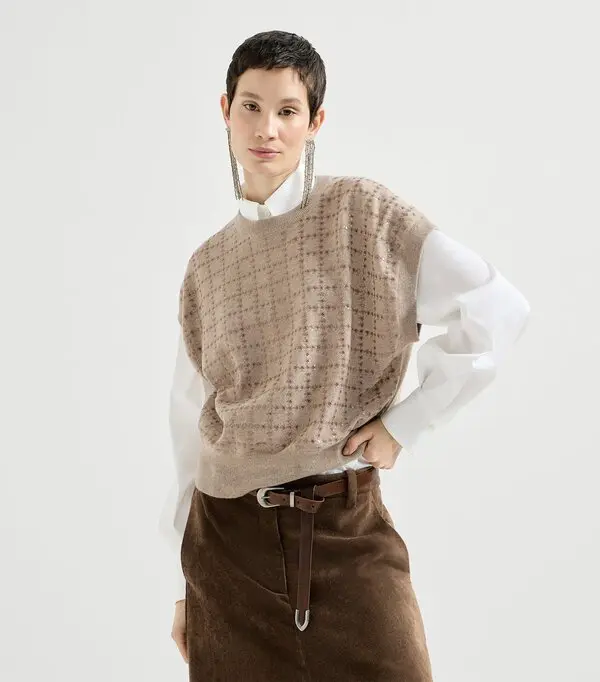 Brunello Cucinelli Cashmere Sequin Check Knit T-shirt