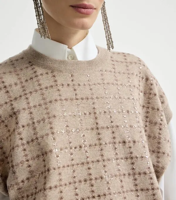 Brunello Cucinelli Cashmere Sequin Check Knit T-shirt